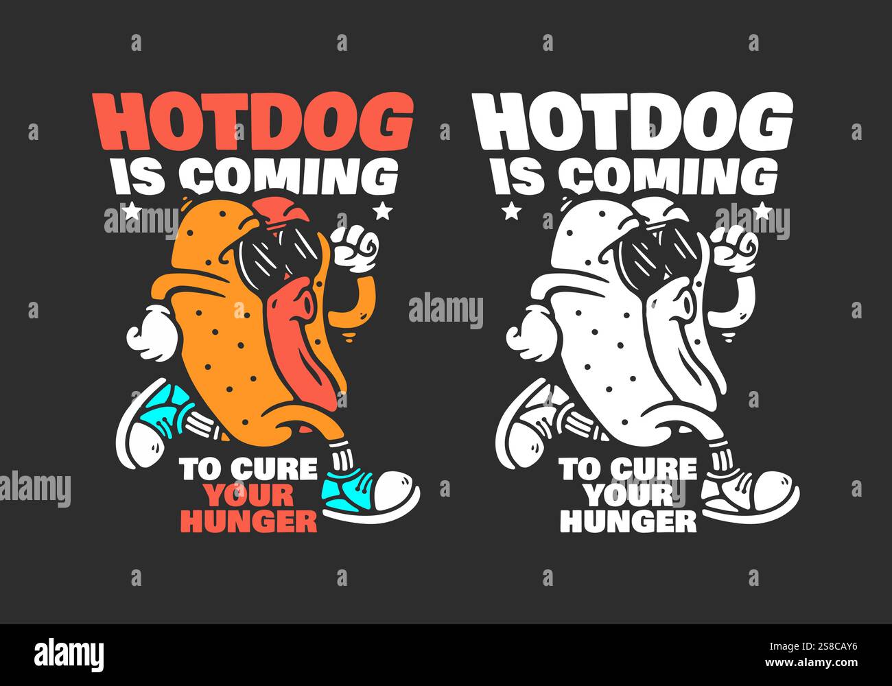 Hot Dog with sunglasses mascot character in running pose with 2 color ...