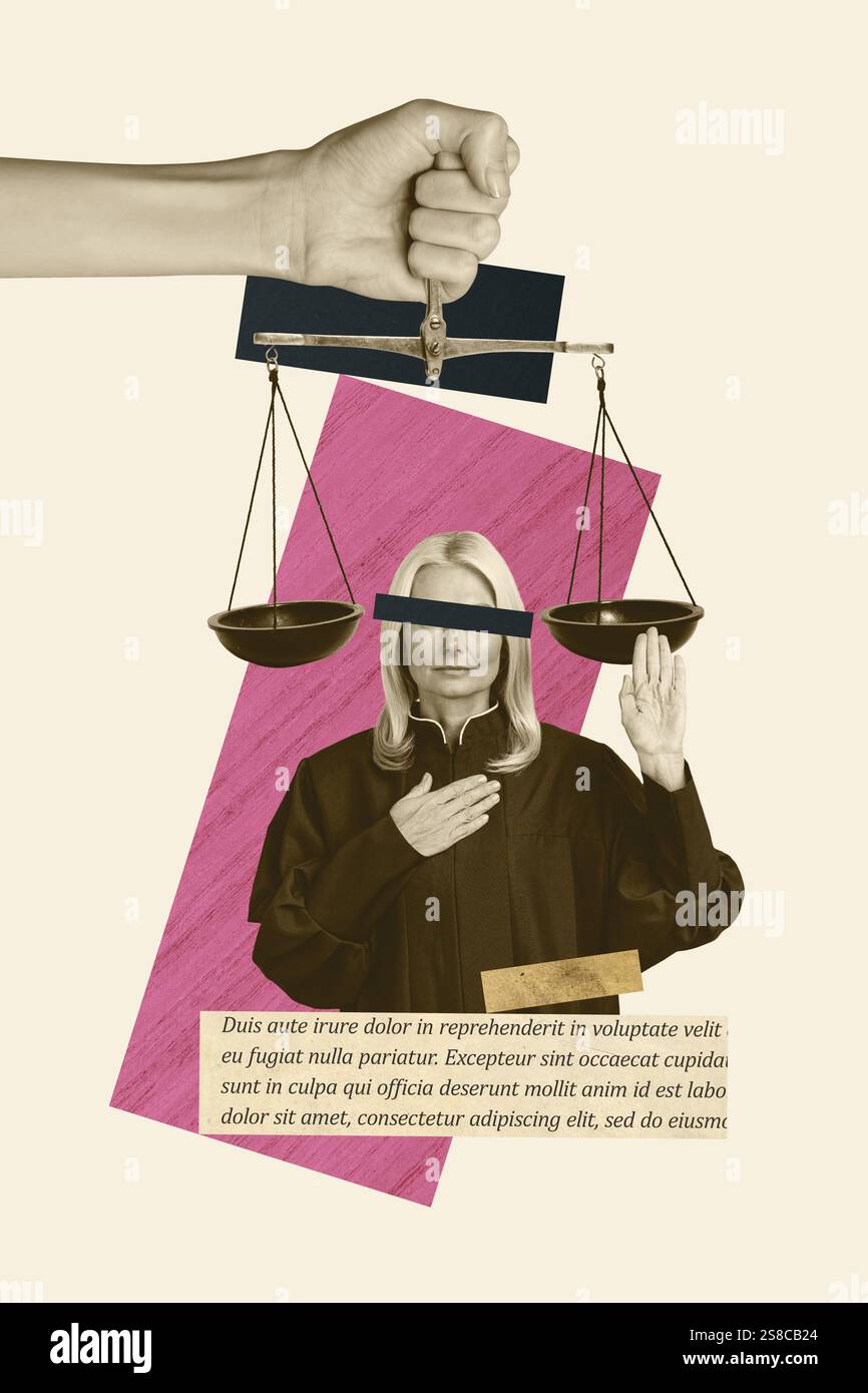 Vertical sketch 3d artwork collage poster of hand hold justice scales ...