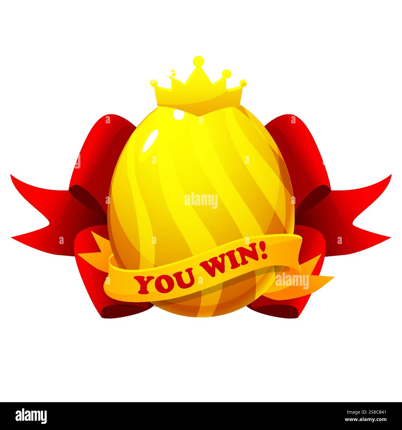 Easter Egg award, Golden egg with ribbons and text YOU WIN. Game badge ...