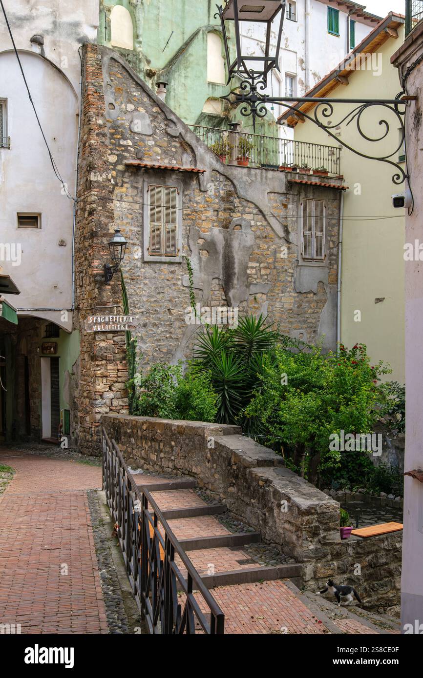 Picturesque narrow alley in the medieval old town centre of La Pigna in ...