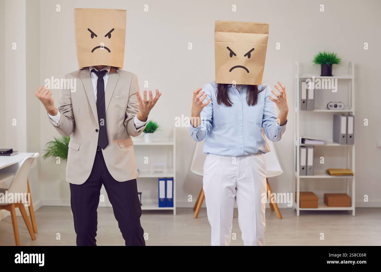 Conflict in office, unhappy paper bag head negative emotion face ...