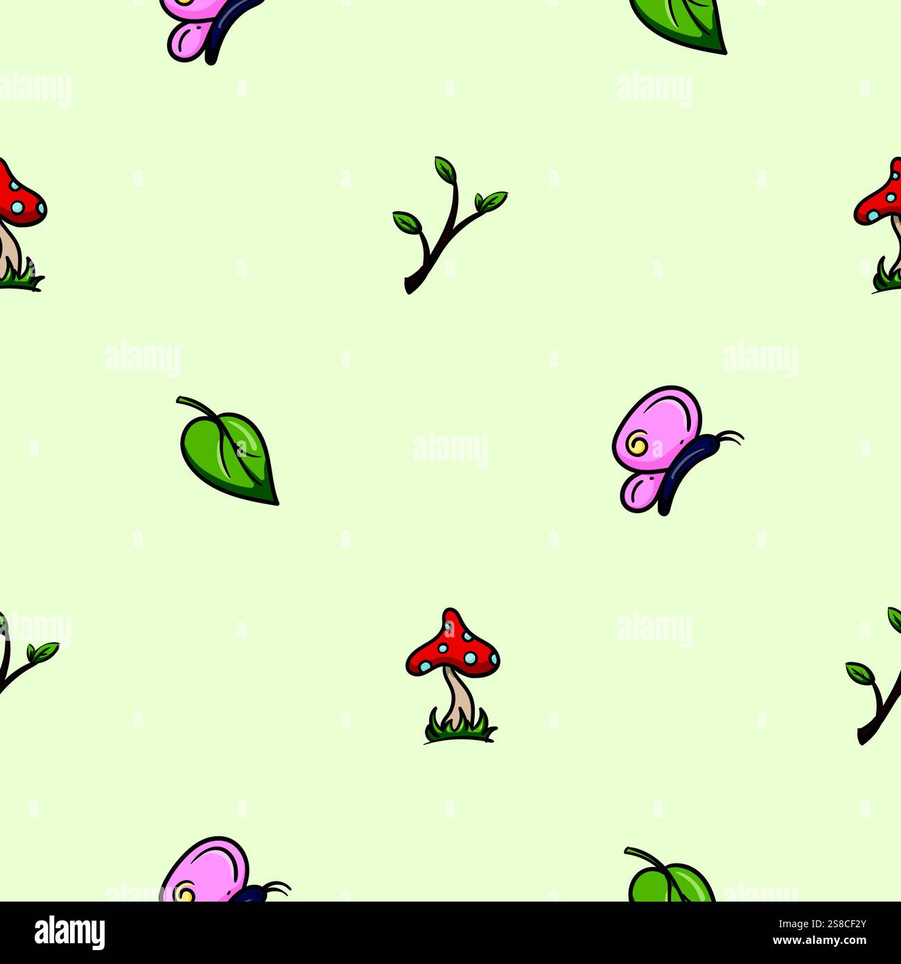 Bright spring seamless pattern with butterfly, tree branch, mushroom ...