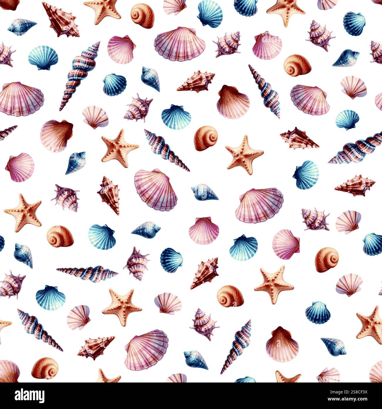 Beautiful pattern with watercolor painted sea shells, snails and ...