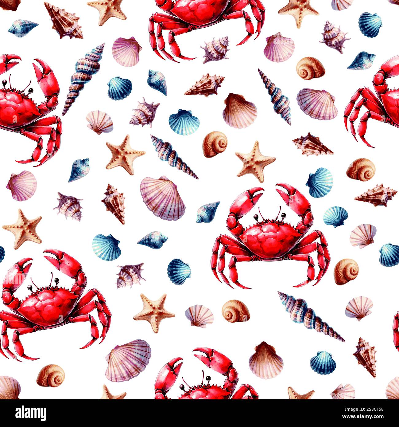 Watercolor painted vector decorative seamless pattern with marine red ...