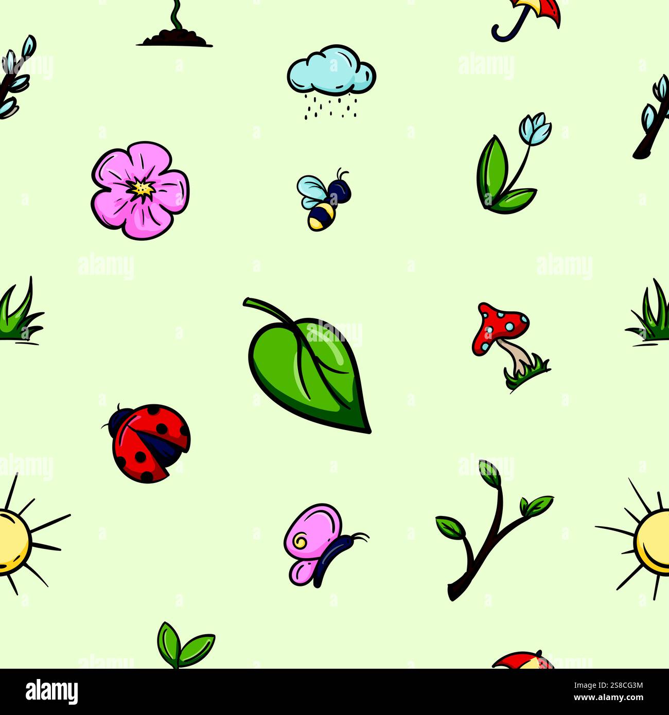 Bright spring seamless pattern with elements of nature, seasonal ...