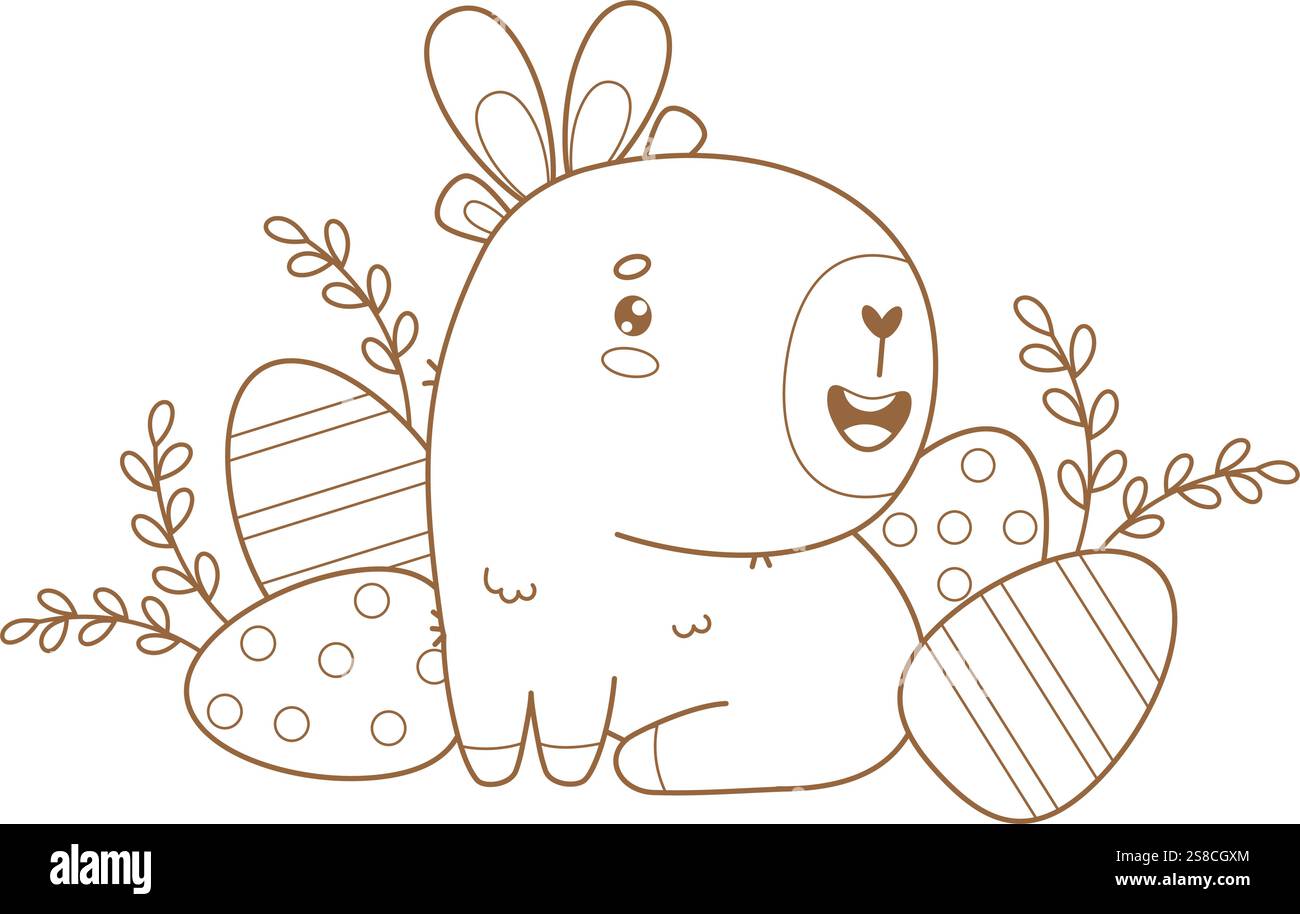 Outline Happy Easter Capybara in bunny ears with paschal eggs. Cute ...