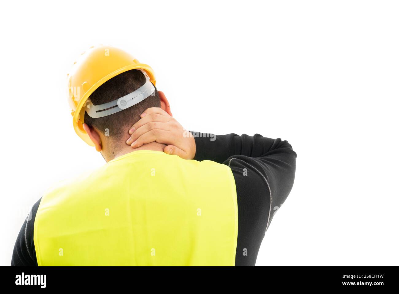 Construction worker in pain touching hurt strained back of neck wearing ...