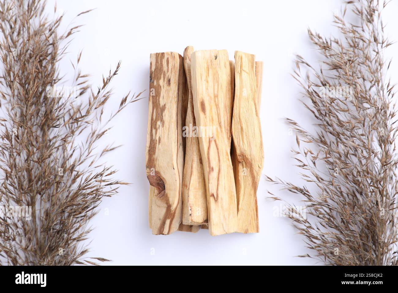 Palo santo sticks and dried reed on white background, flat lay Stock ...