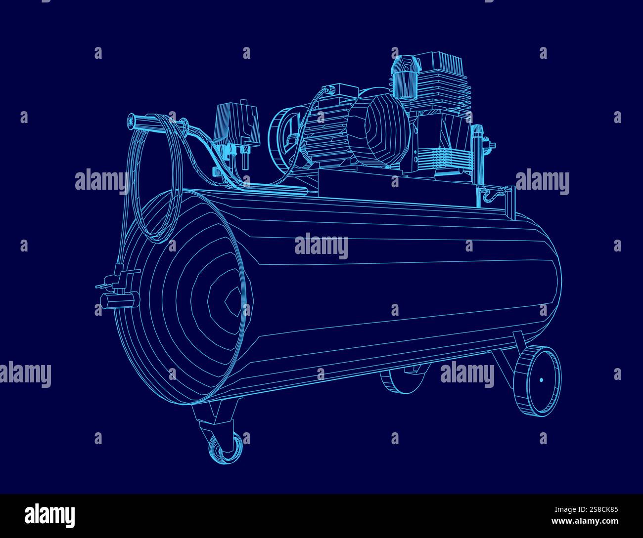 Blue drawing of a large, industrial-looking piece of equipment. The ...