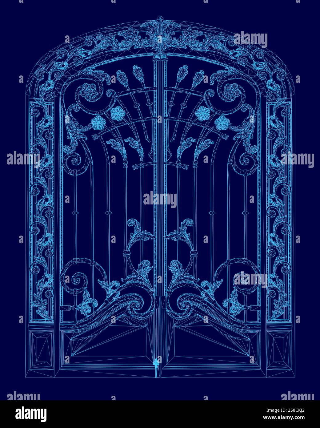 Blue gate with a flower design. The gate is closed and the flowers are ...