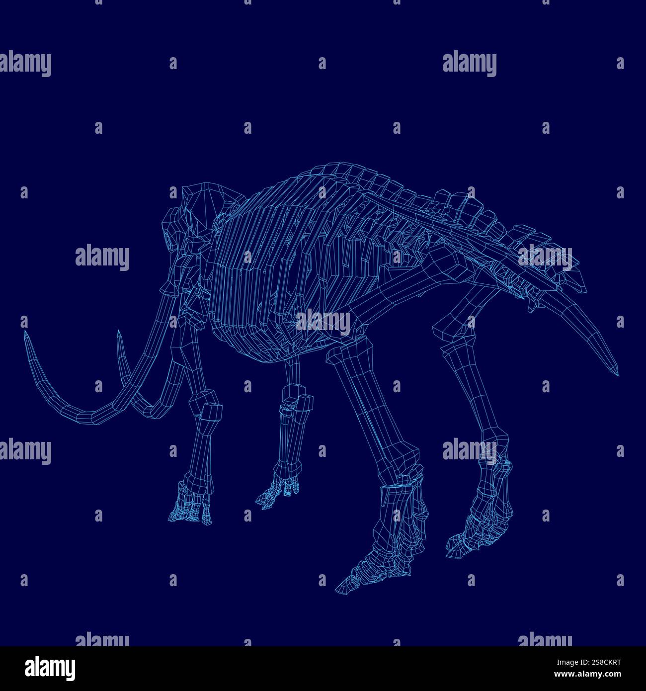 Blue image of a skeletonized elephant. The skeleton is shown in a very ...