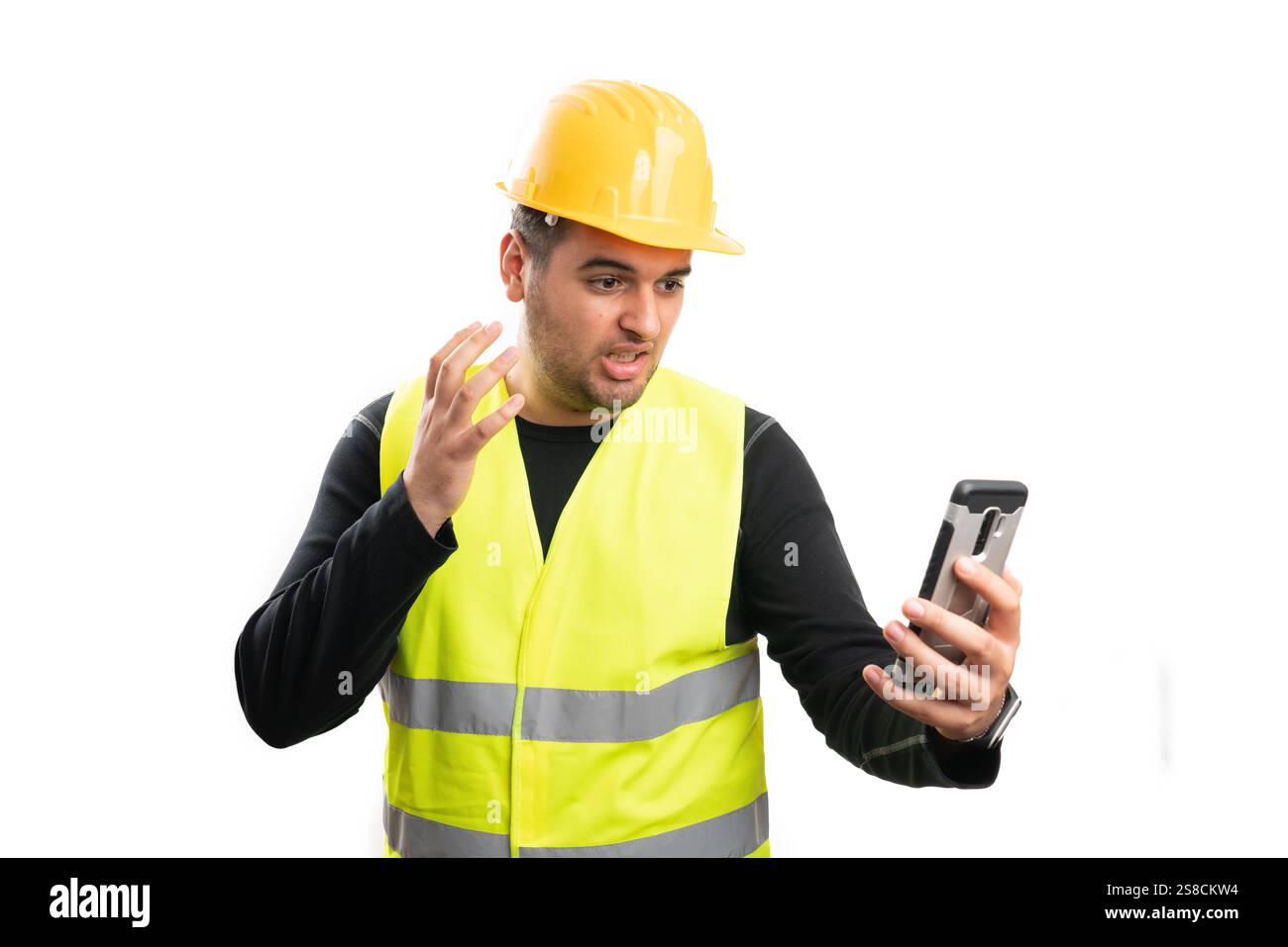 Angry builder man wearing work attire fluorescent vest and yellow ...