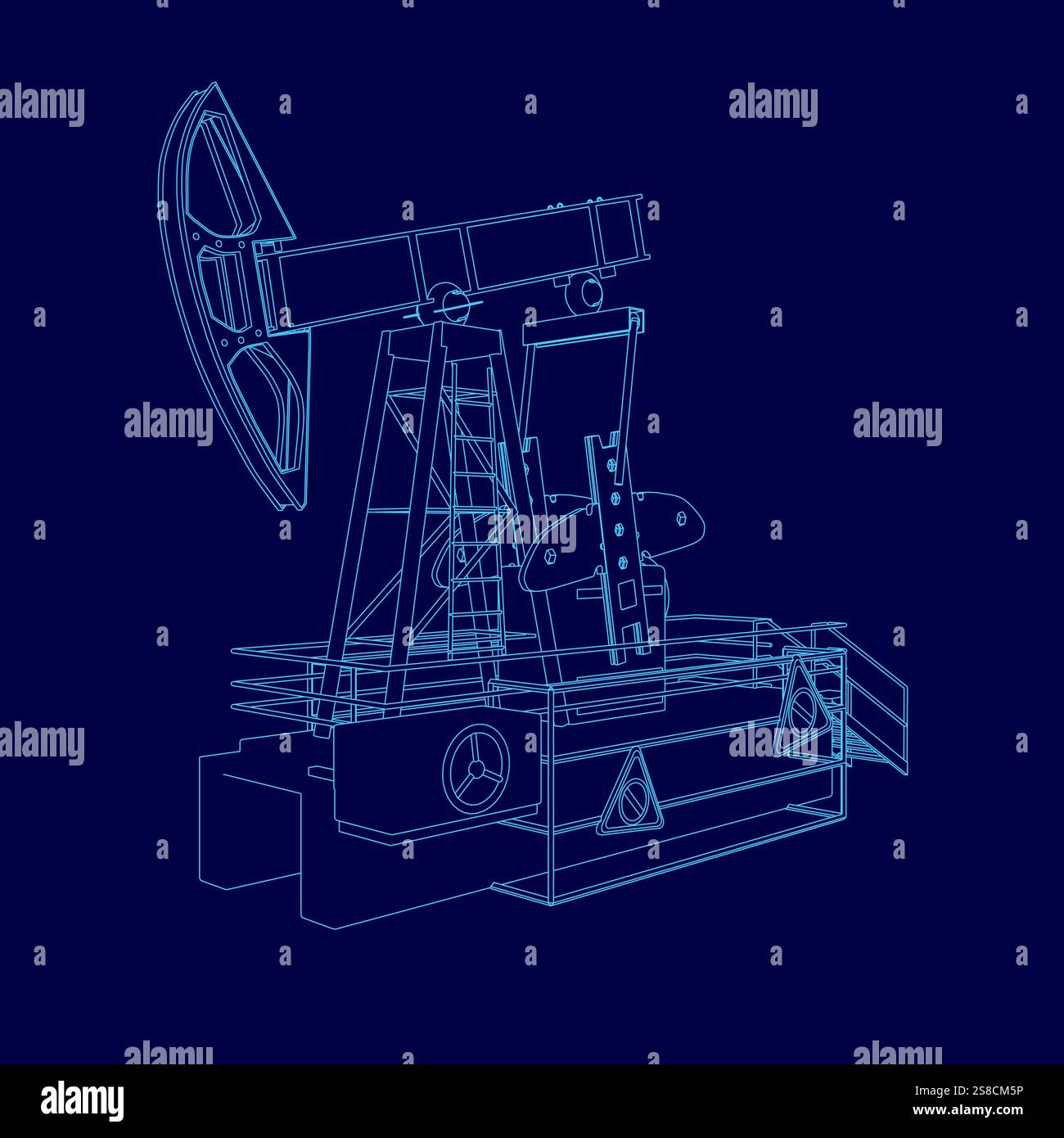 Blue drawing of a pump jack. The drawing is in blue and is very ...