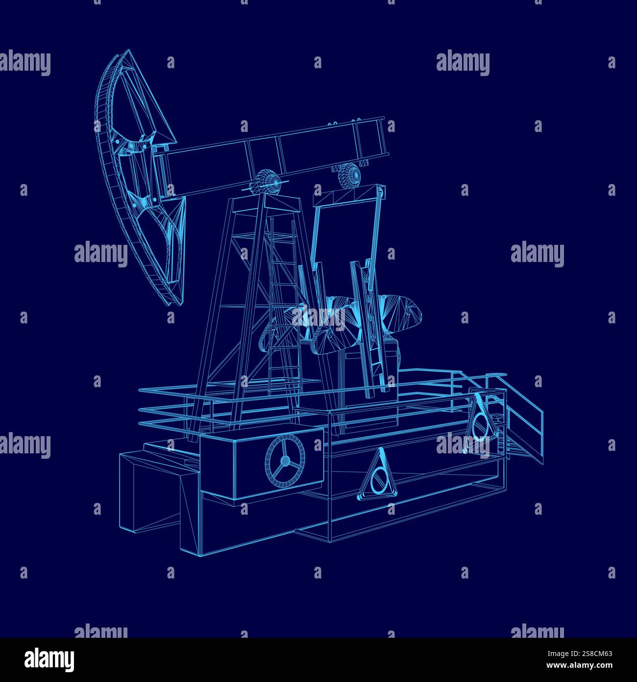 Blue drawing of a drilling rig. The drawing is in blue and is very ...