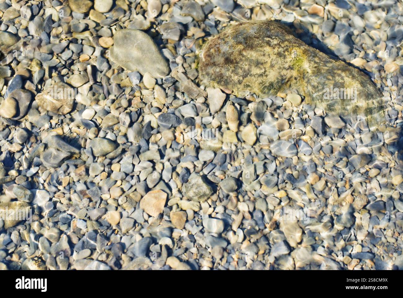 In the river, pebbles under water with reflecting light Stock Photo - Alamy