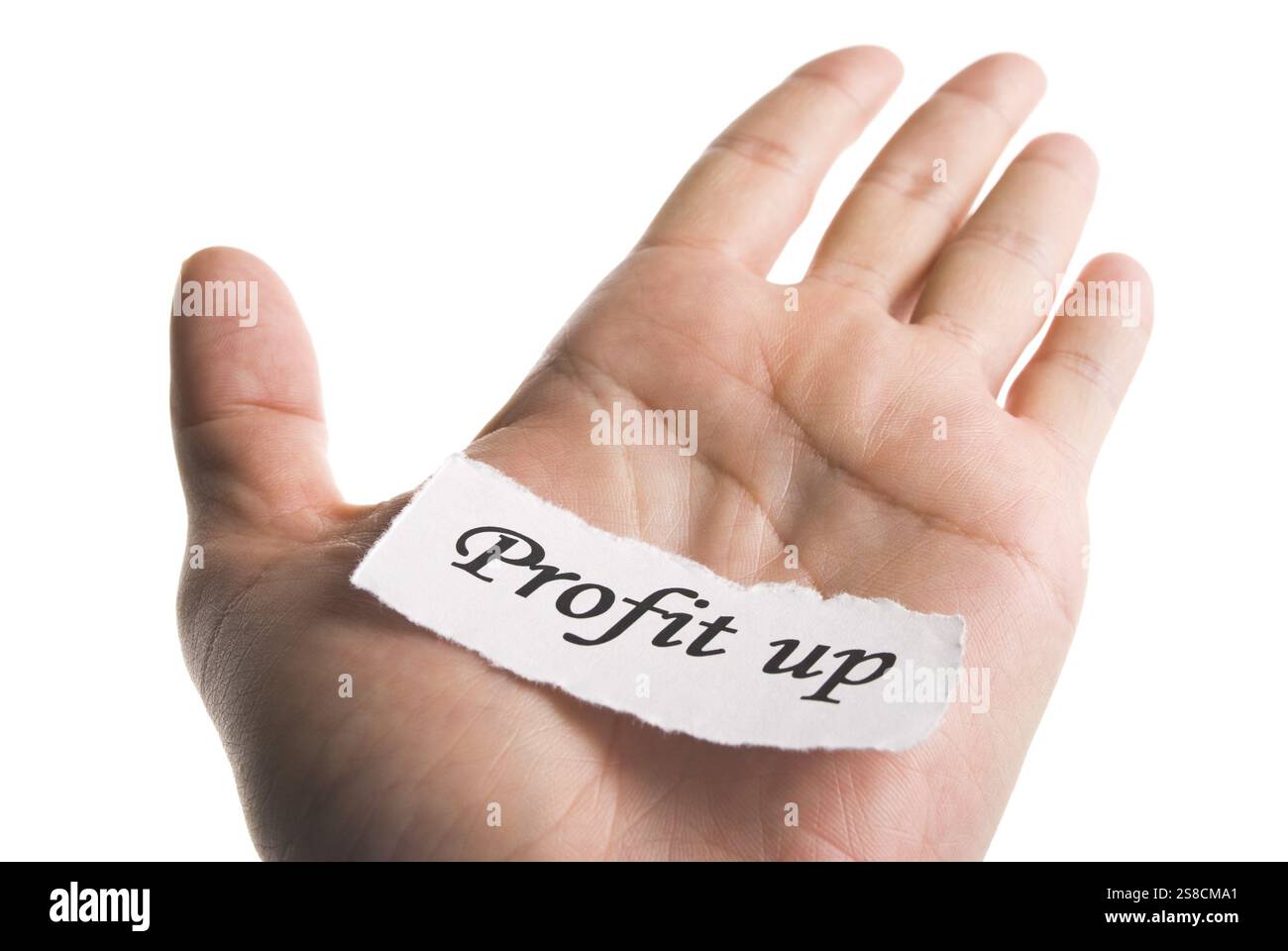 Profit up, word in hand, word on piece tear paper Stock Photo - Alamy