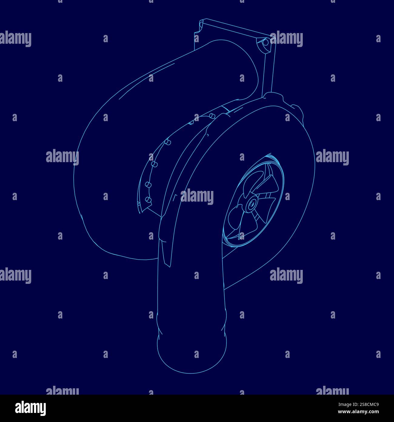 Blue drawing of a car turbo part of engine with a turbo. The drawing is ...