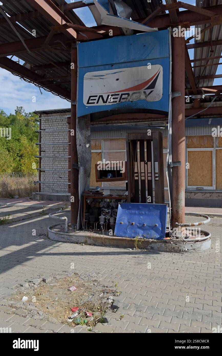 A burnt out filling station and garage destroyed by Russian forces in ...
