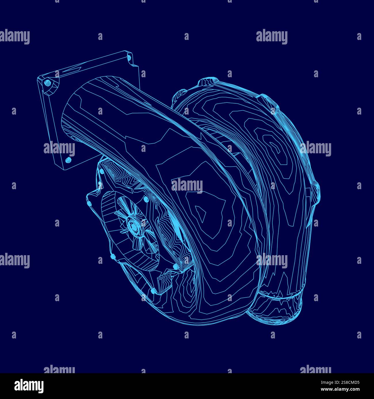 Blue drawing of a car turbo part of engine with a turbo. The drawing is ...