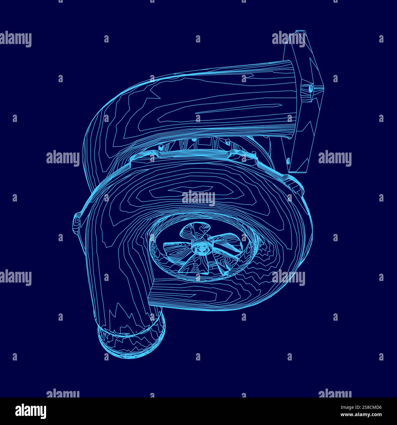 Blue drawing of a car turbo part of engine with a turbo. The drawing is ...
