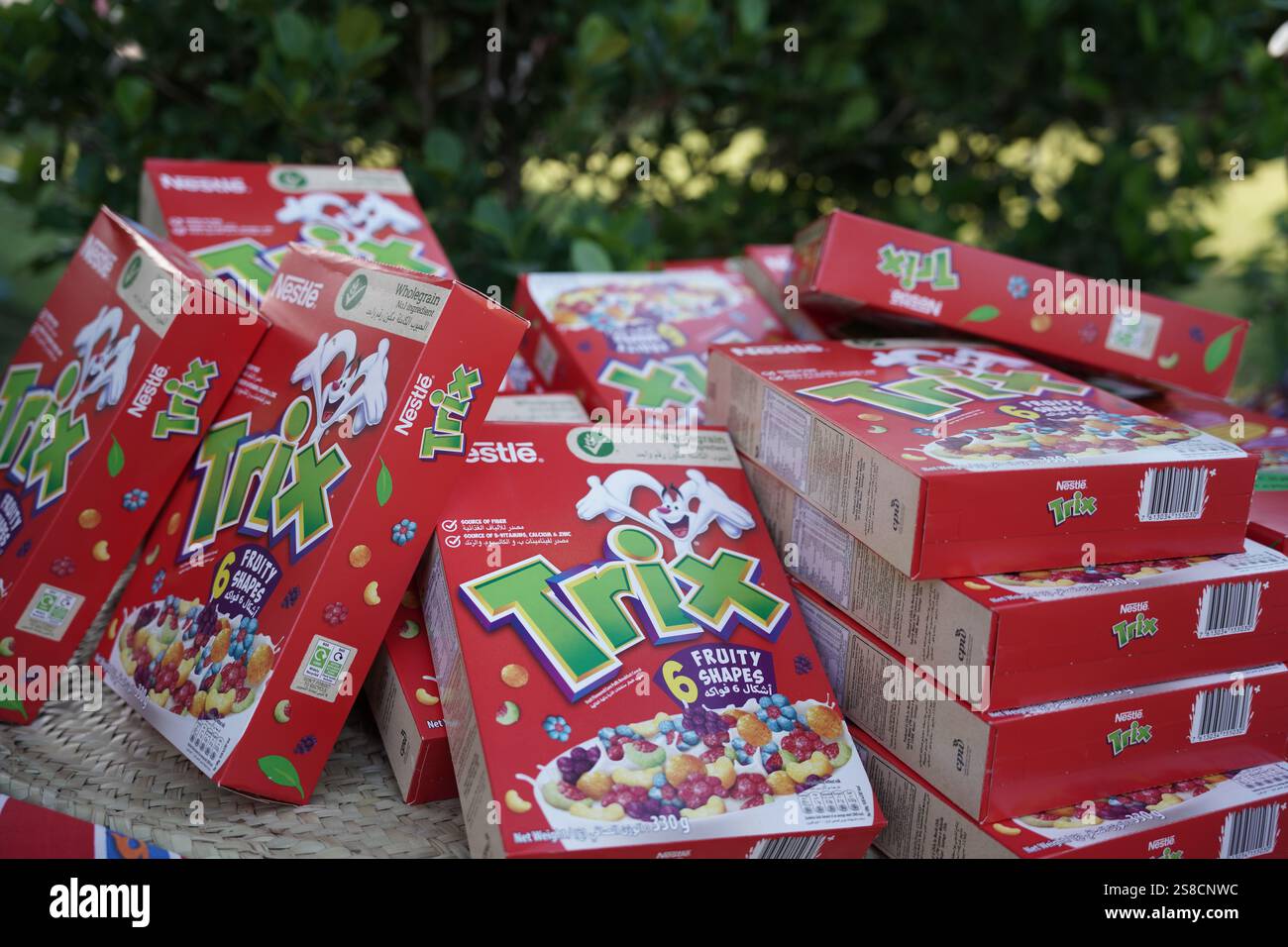 A colorful arrangement of Nestlé Trix cereal boxes on a vibrant ...