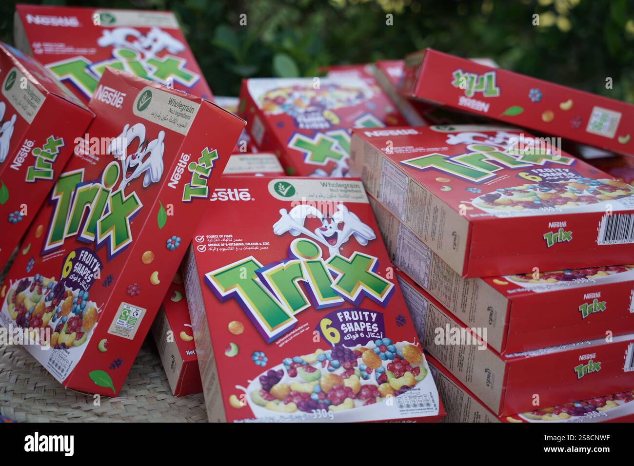 A colorful arrangement of Nestlé Trix cereal boxes on a vibrant ...