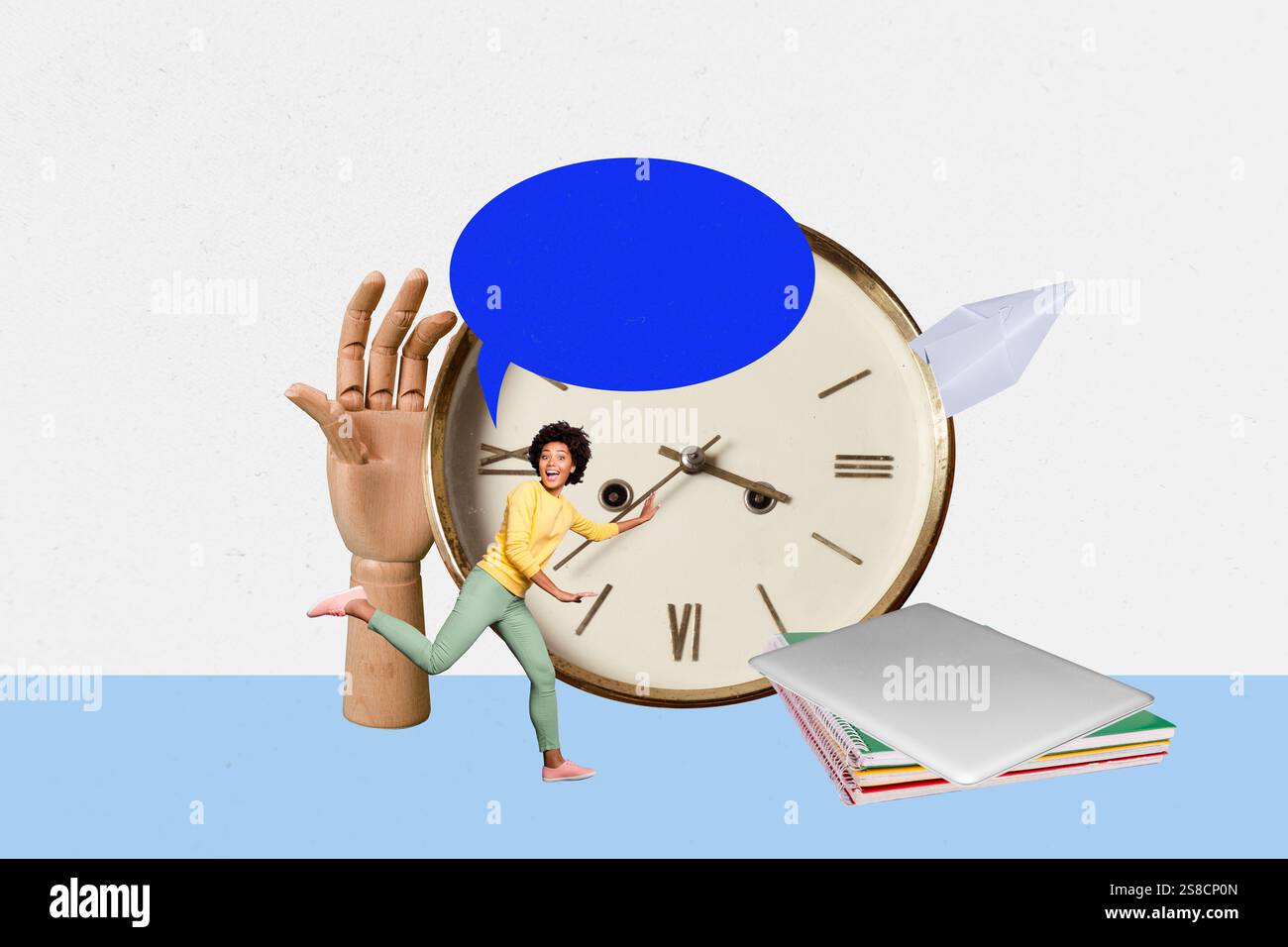 Composite artwork collage template sketch of deadline point time work o'clock young lady run ...