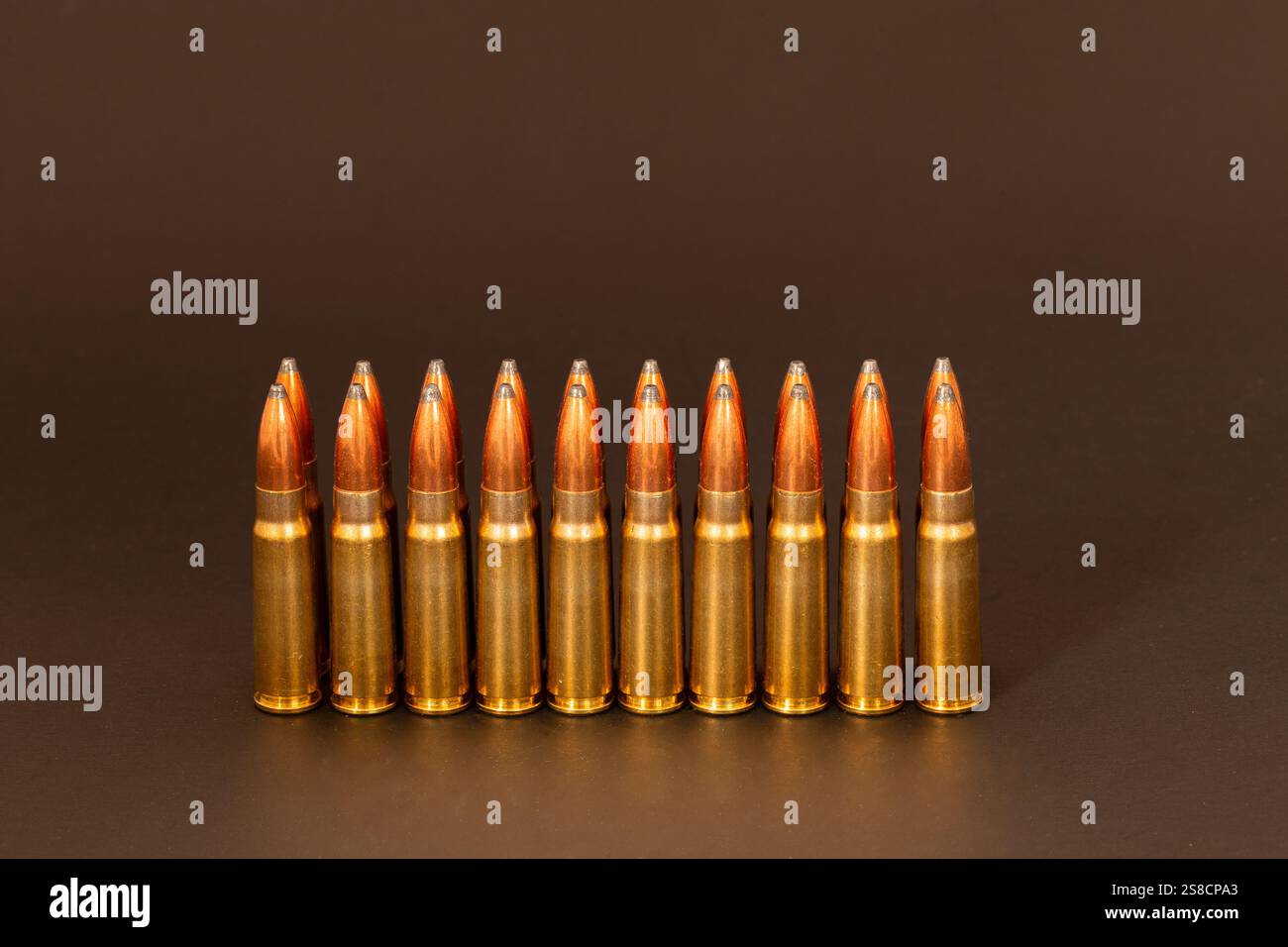 7.62x39 ammunition, hunting rounds, rifle cartridges with soft point bullets standing upright in ...