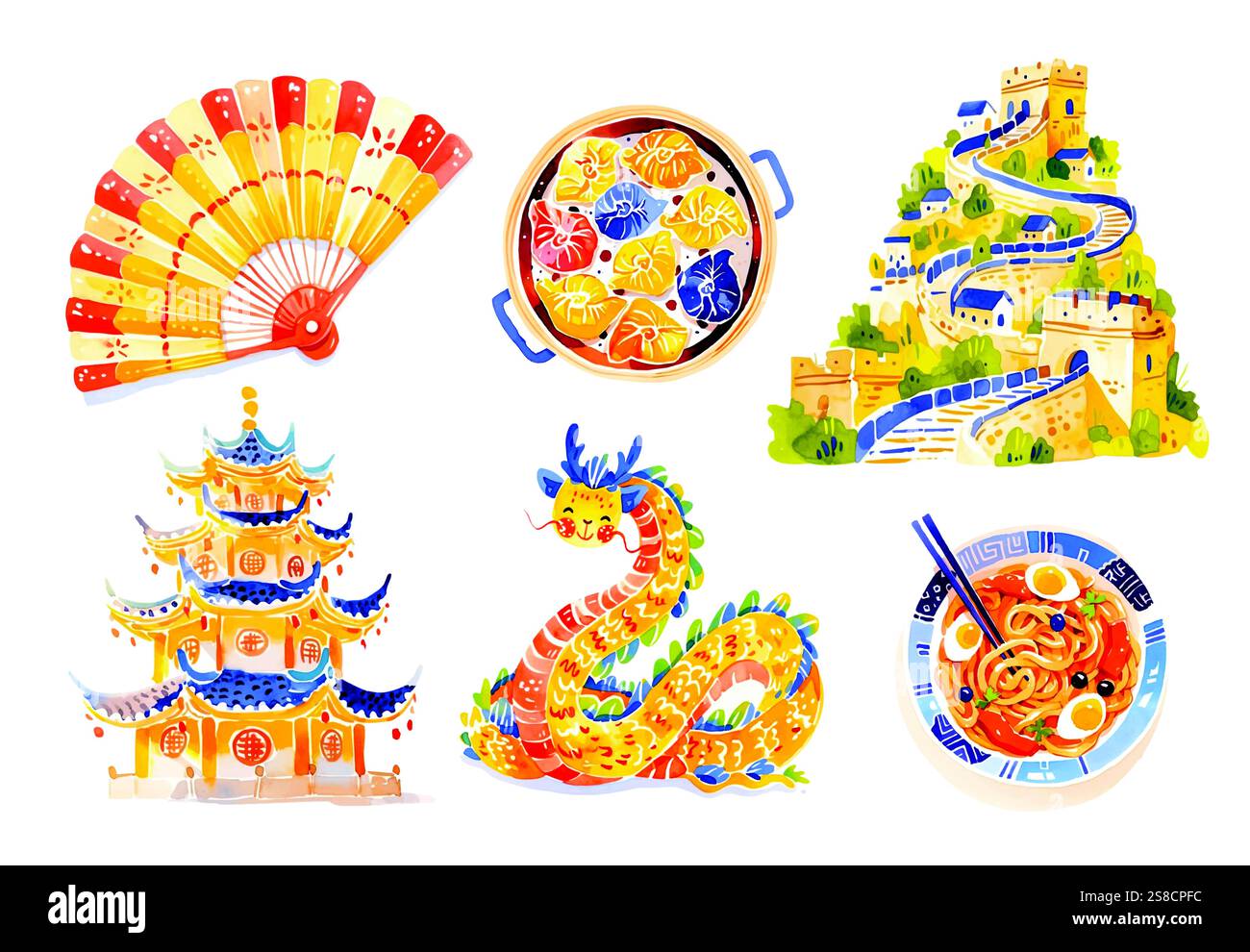 Watercolor chinese traditions clipart. Hand drawn clip art elements ...