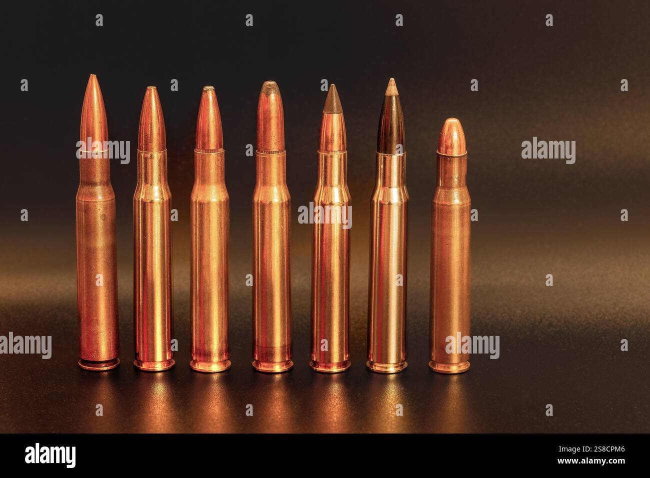 Seven rifle cartridges with bullets of varying designs, arranged ...