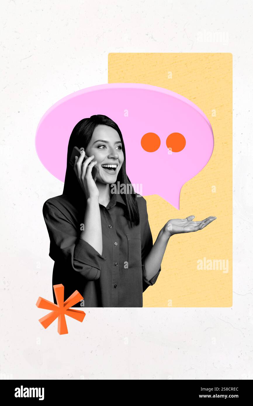 Vertical art banner collage of happy girl speak phone distance ...