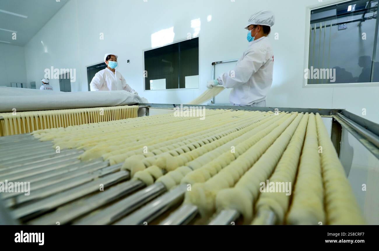 Workers stretch noodles back and forth in Zhangye city, Gansu province ...