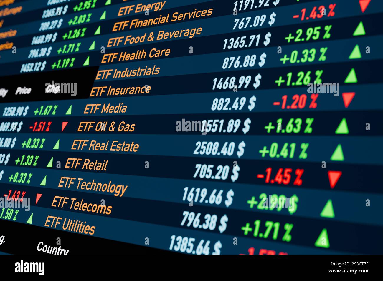 ETF Exchange Trade Funds trading sheet with different investment ...