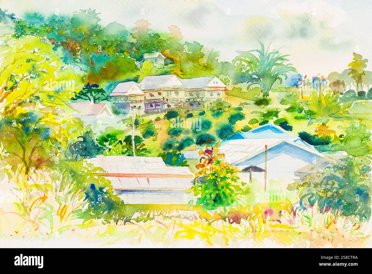 Watercolor original landscape painting colorful of mountain and emotion ...