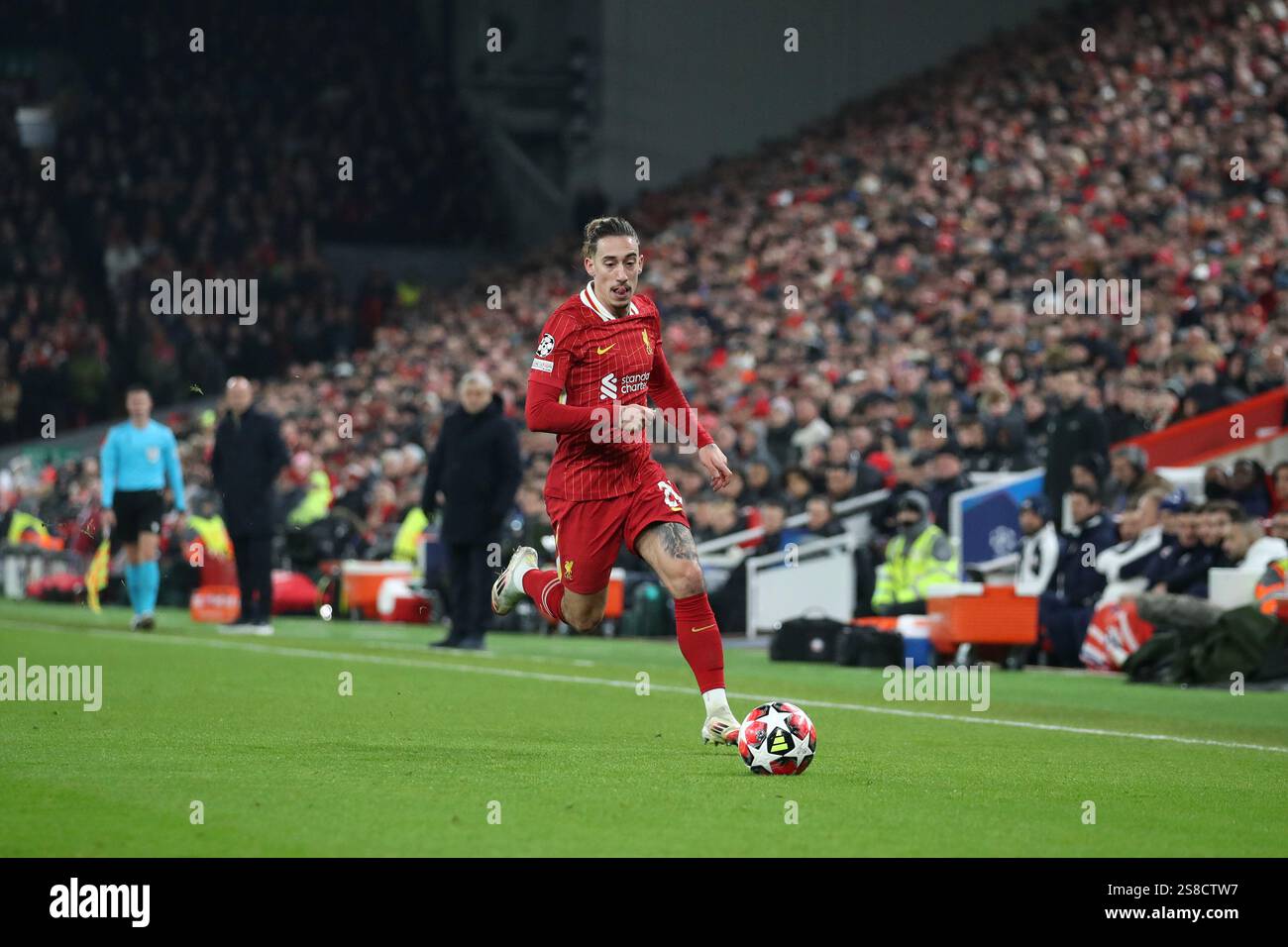 Liverpool, UK. 21st Jan, 2025. Liverpool's Kostas Tsimikas runs with ...