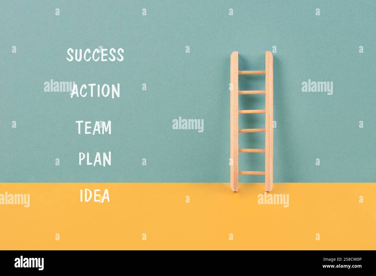 Ladder of success, have an idea, make a plan, build a team, action ...
