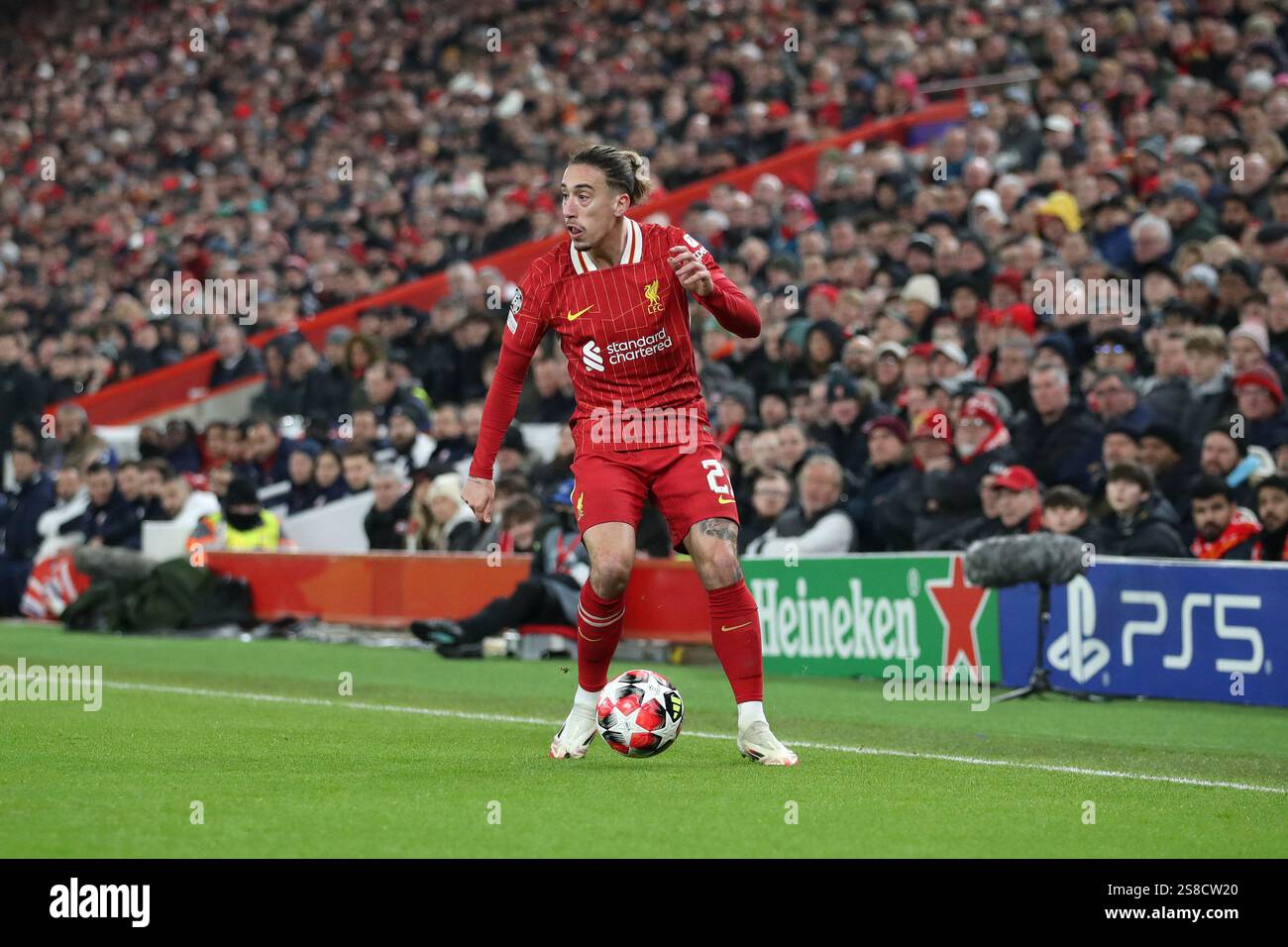 Liverpool, UK. 21st Jan, 2025. Liverpool's Kostas Tsimikas runs with ...