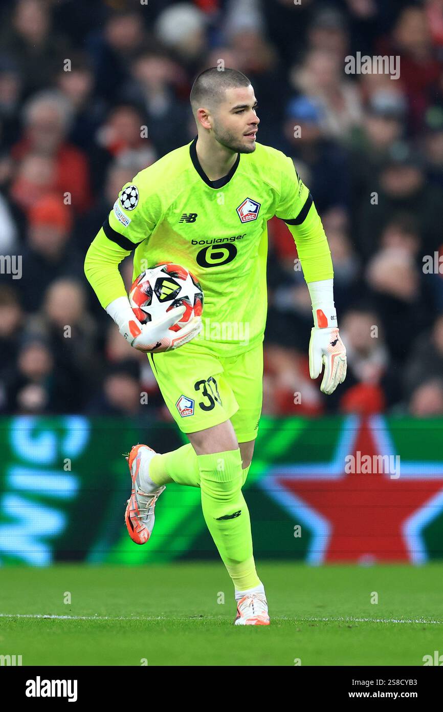 Liverpool, UK. 21st Jan, 2025. Lille's Lucas Chevalier runs with the ...