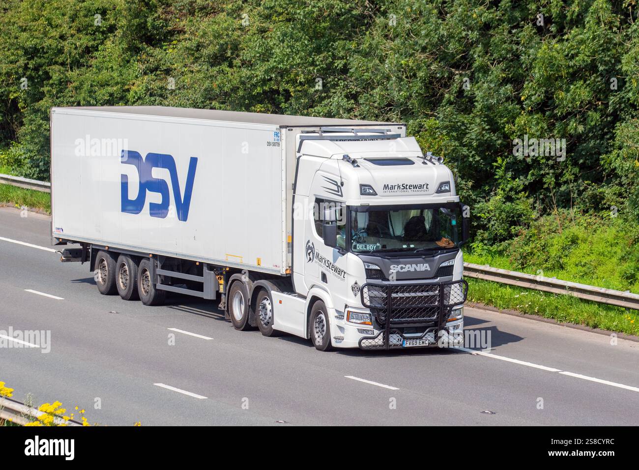 Delboy driving Mark Stewarrt DSV Scania Haulage delivery truck, lorry ...