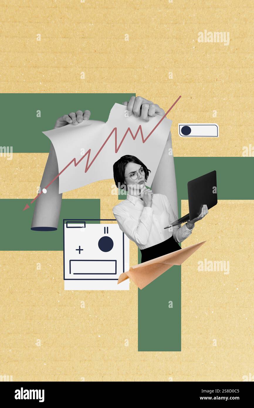 Trend artwork sketch design montage 3D collage of young lady work hold laptop think document ...