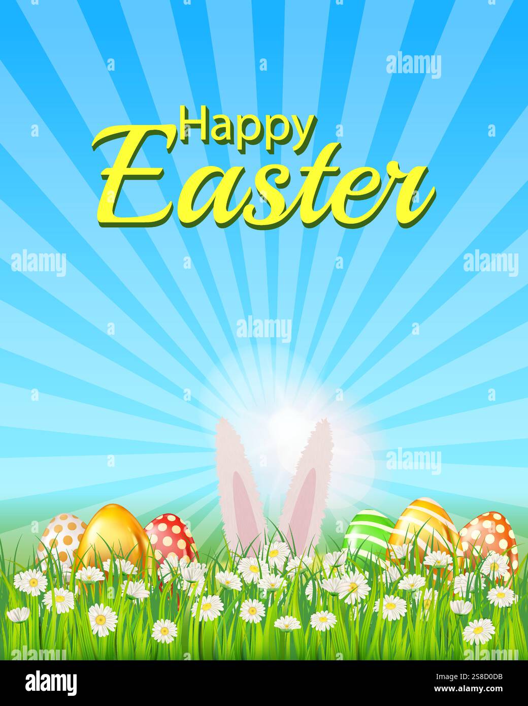 Happy Easter poster, white cute bunny ears, color eggs, eggs hunt Stock ...
