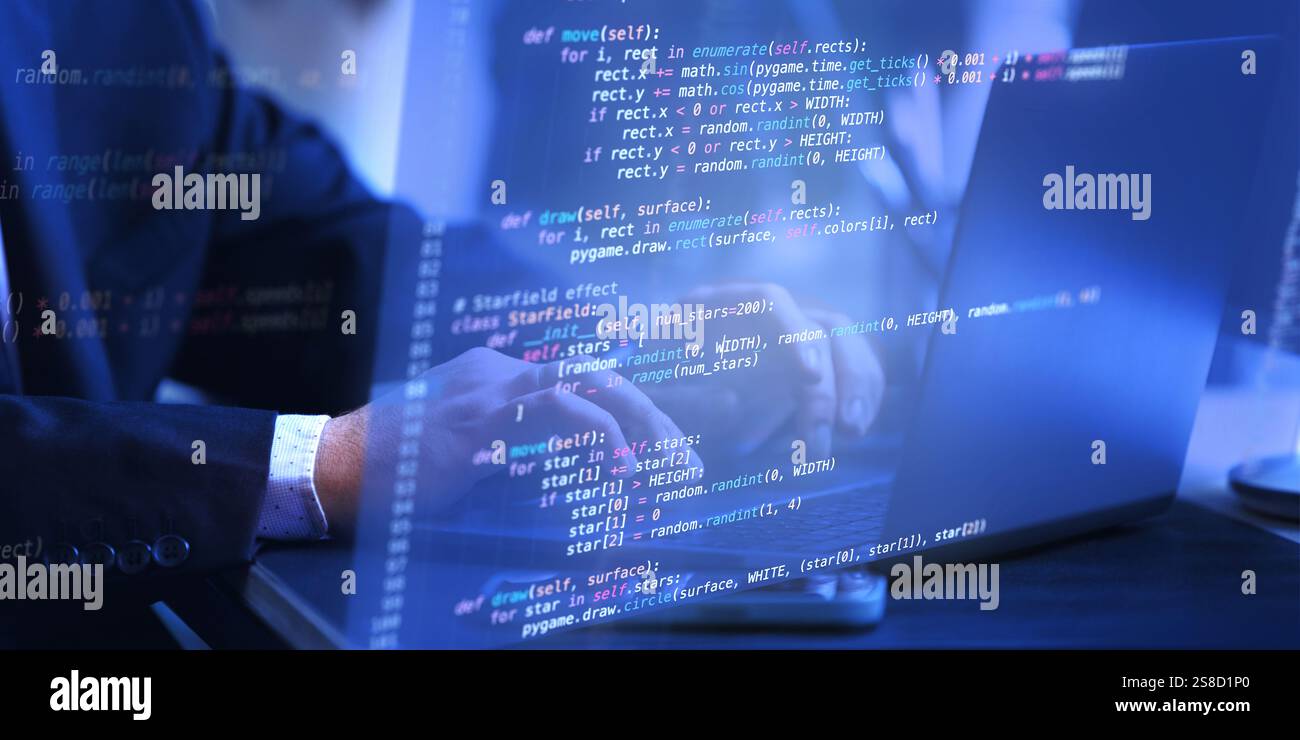 Fictional code reflected on laptop screen with hands typing, symbolizing virtual development ...