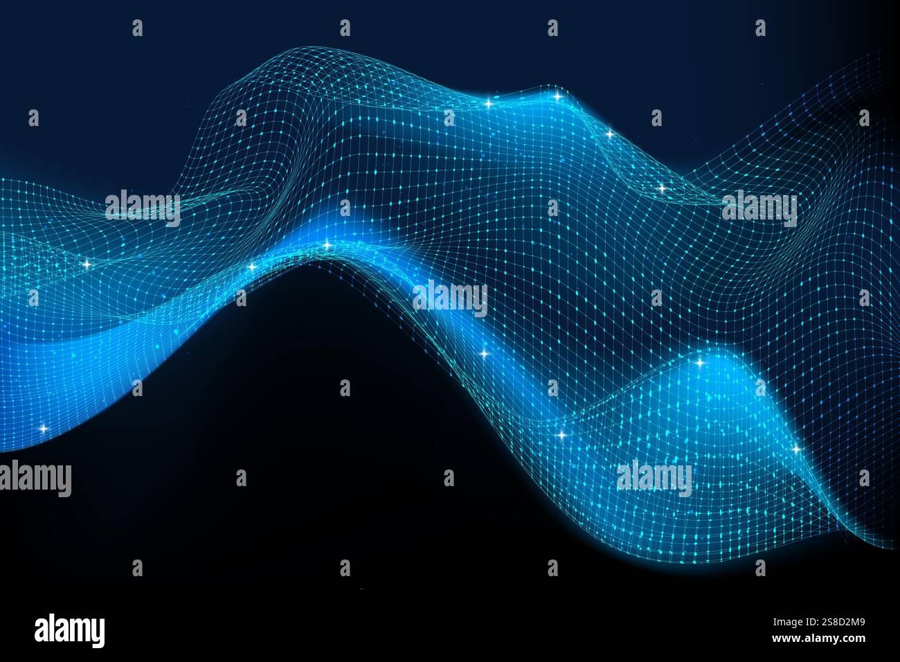 Abstract digital wave formed by a network of interconnected dots and lines. Data flow ...