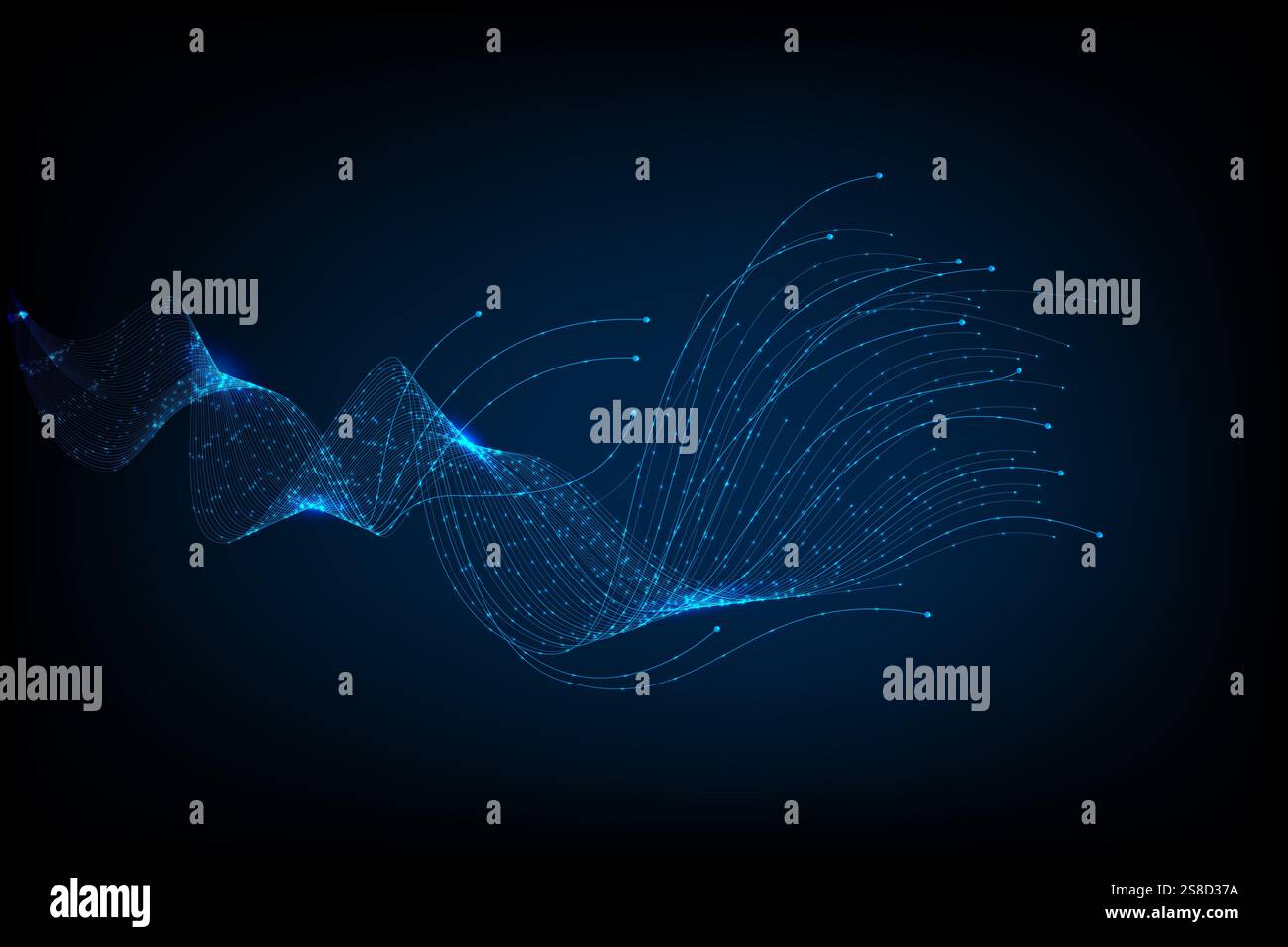 Abstract wave of dynamic blue particles, interconnected dots and lines forming flowing data ...