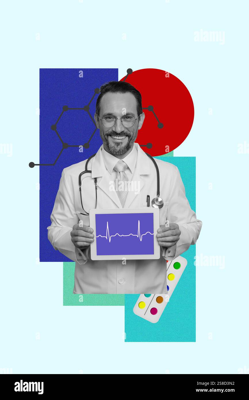 Composite artwork collage template sketch of middle age man doctor hand ...