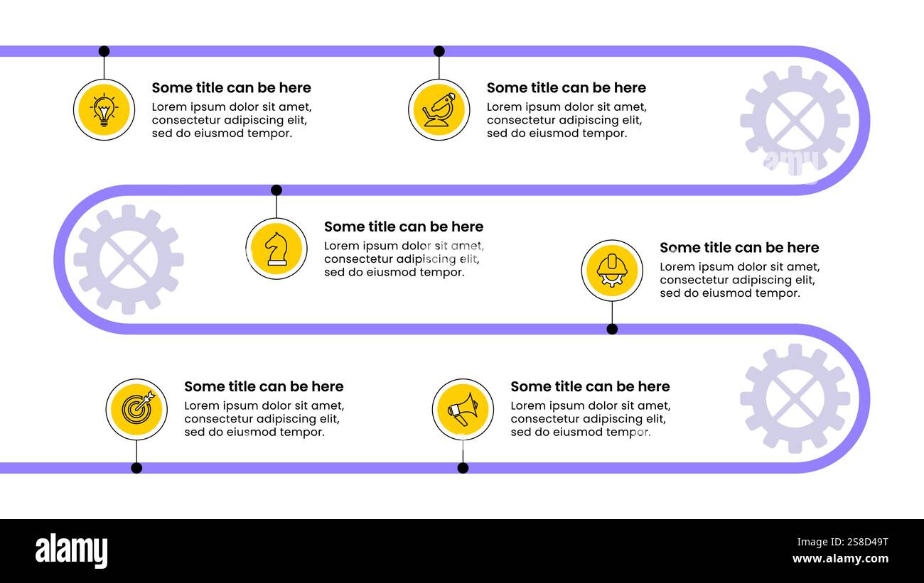Infographic template with icons and 6 options or steps. Purple line ...