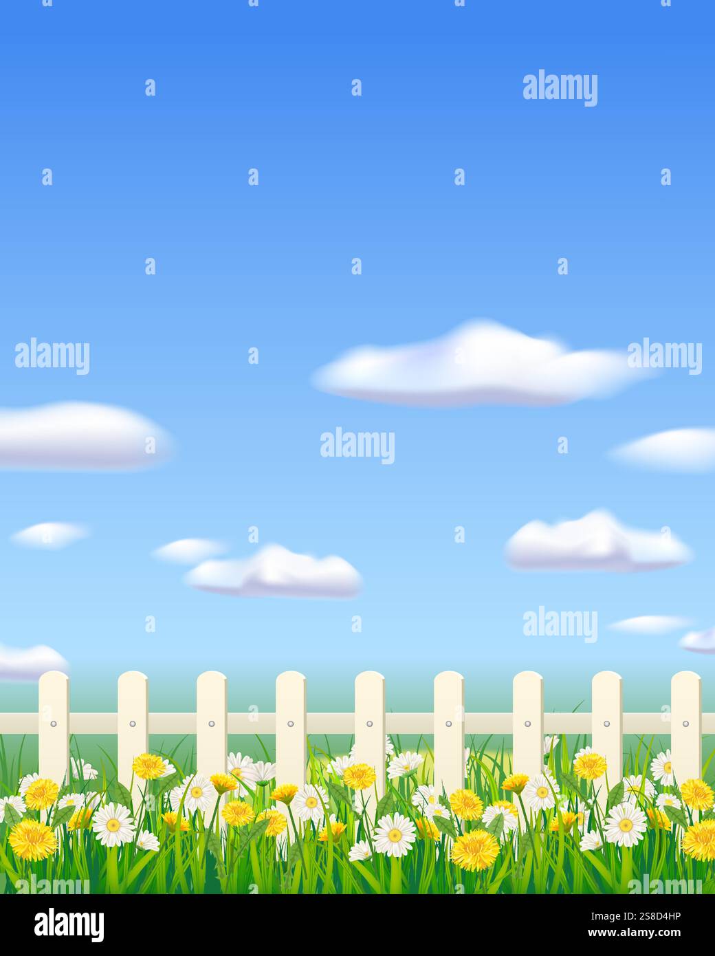 Spring landscape field green grass, daisy, dandelion flowers Stock ...