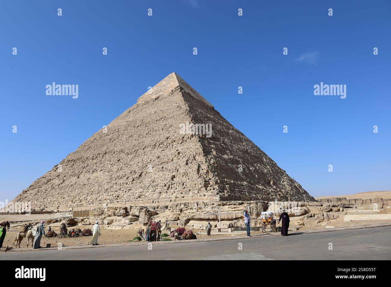 giza, egypt - march 19, 2024: people and camels in front of chefren ...