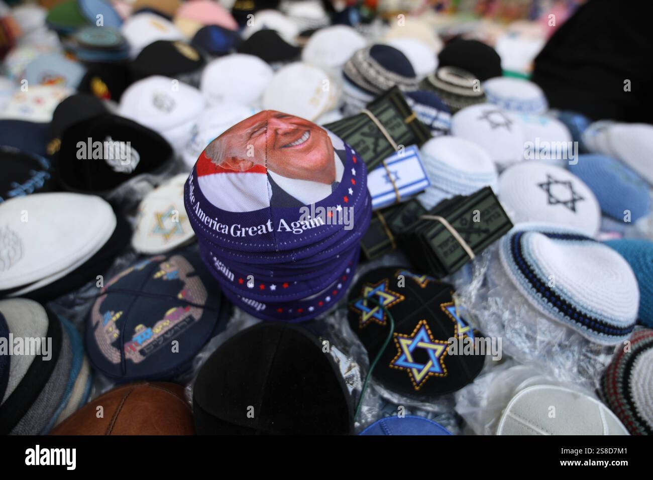 A Trump-themed MAGA kippah for sale at Carmel Market in Tel Aviv ...