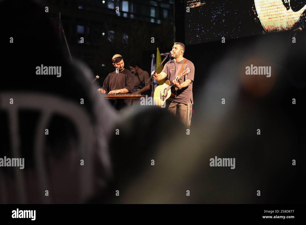 Israeli singer Ishay Ribo performs at Hostages Square in Tel Aviv ...